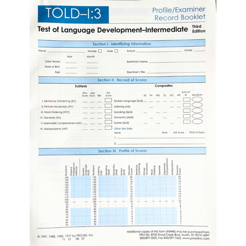 Test of Language Development-TOLD-I:3 Record Booklet – Rejuvenate Resources
